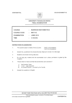 MAT112 Final EXAM (JULY 2023) - Business in Mathematics - Studocu