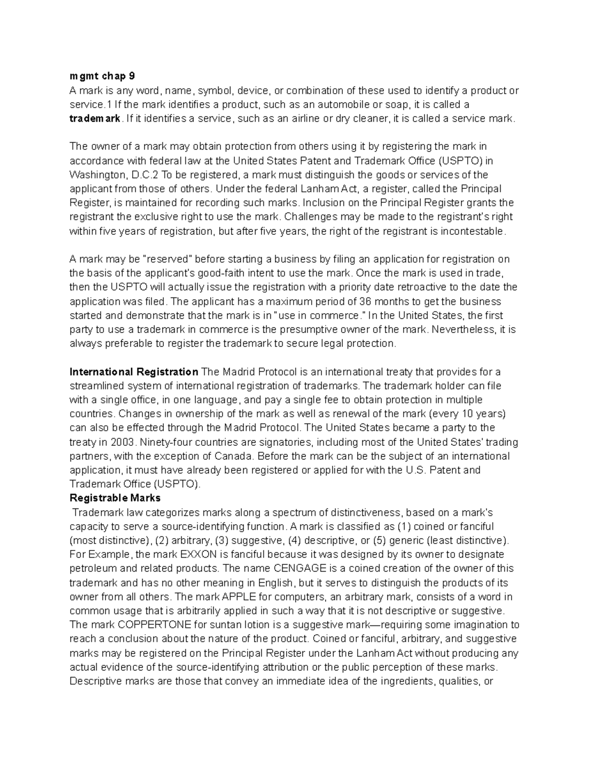 Mgmt chap 9 - Chapter summary - mgmt chap 9 A mark is any word, name ...
