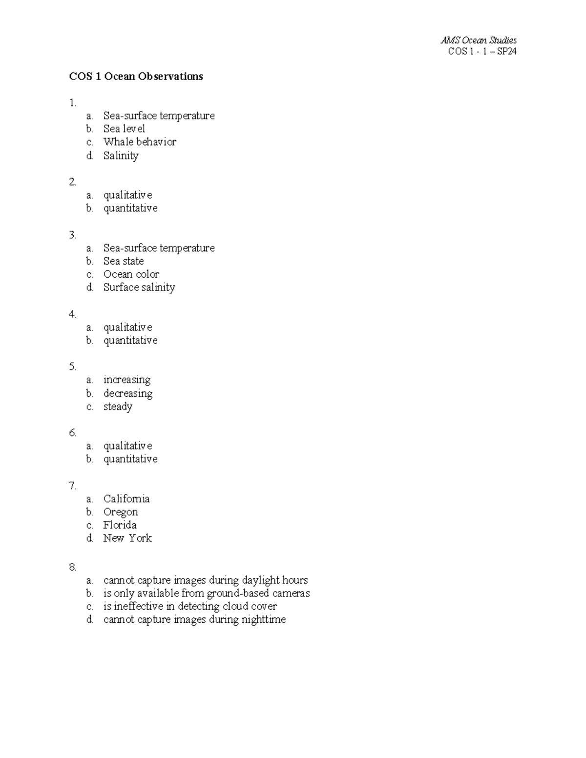 COS01 Form - AMS Ocean Studies COS 1 - 1 – SP COS 1 Ocean Observations ...