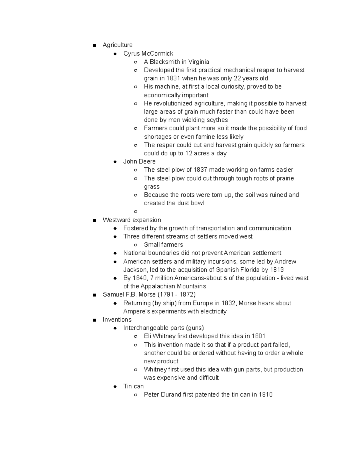 HIST 160C1 Notes Unit 2 Part 5 - Agriculture Cyrus McCormick A ...