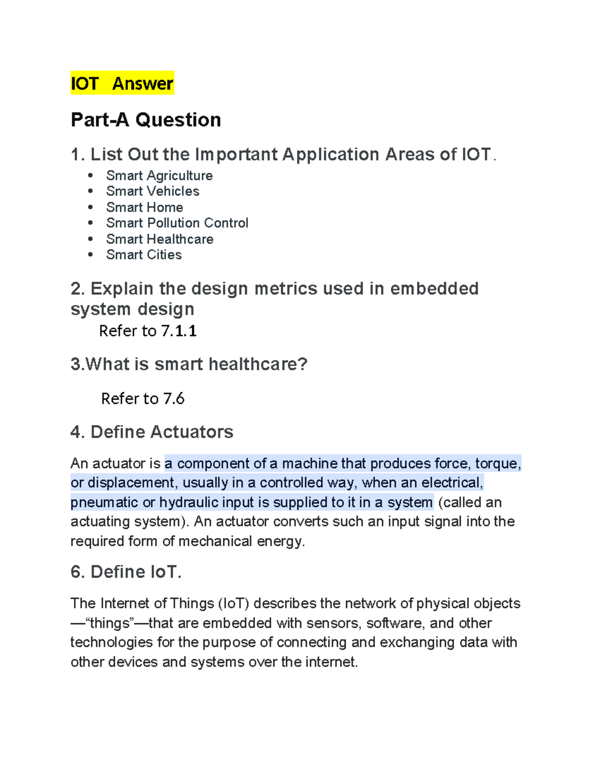 IOT Answer - iot - IOT Answer Part-A Question 1. List Out the Important ...