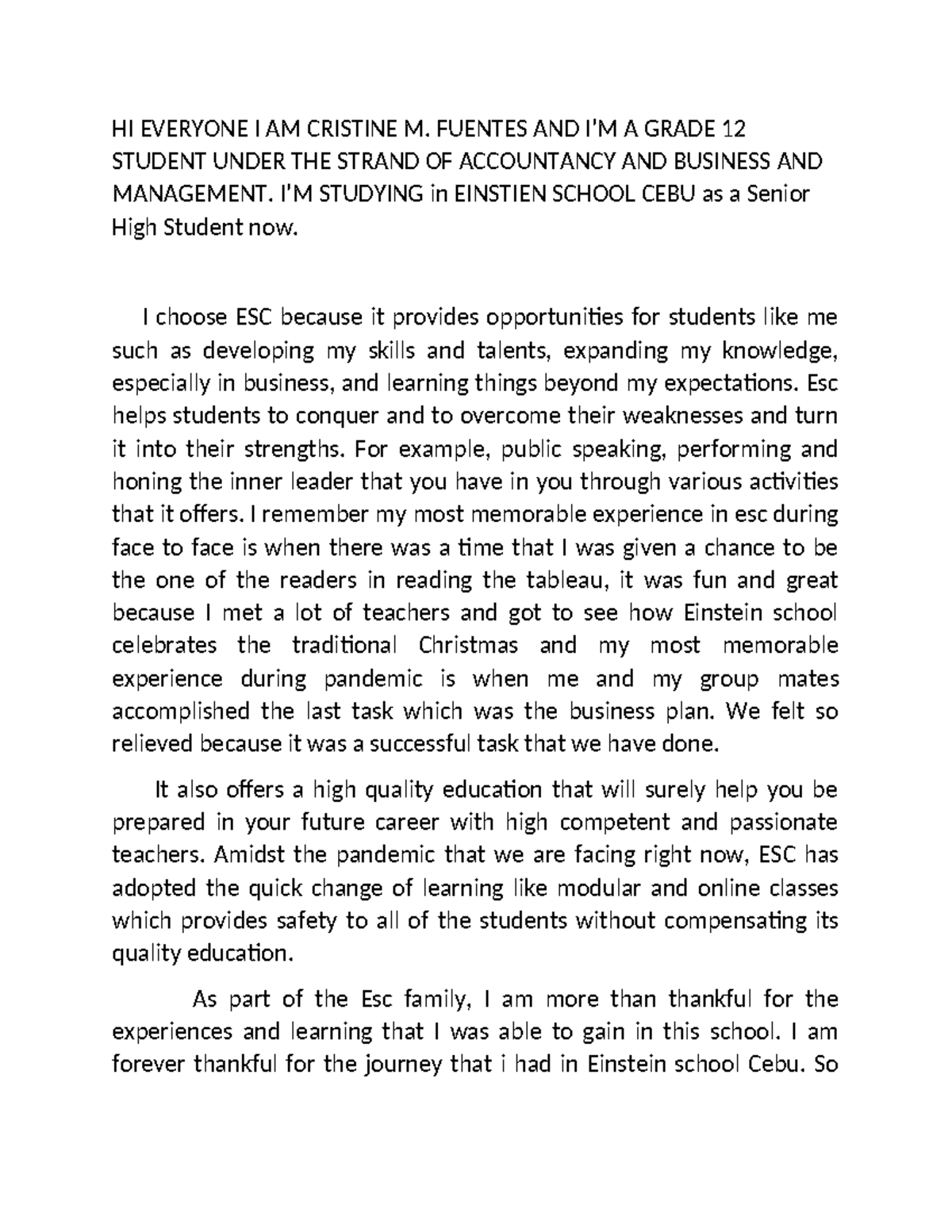 Script for tom - HI EVERYONE I AM CRISTINE M. FUENTES AND I’M A GRADE ...