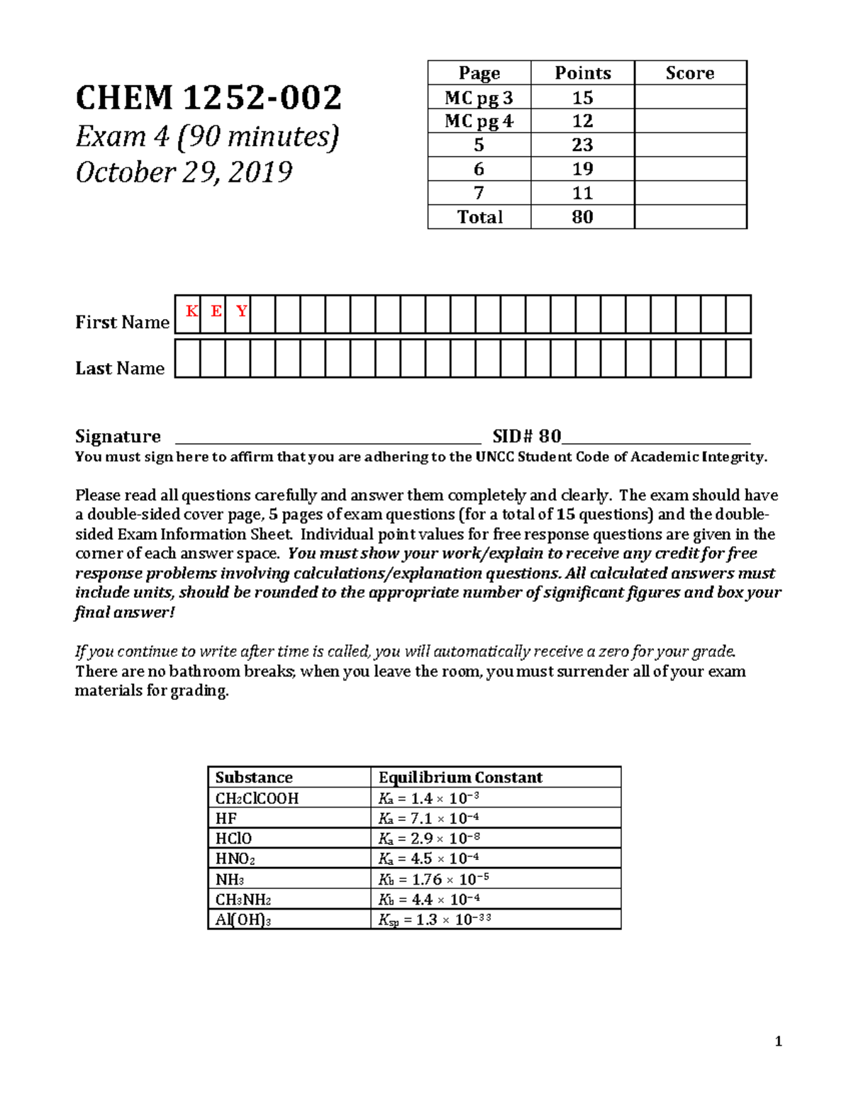 F19 CHEM 1252-002 Exam 4 Final Version KEY - CHEM 1252- Exam 4 (90 ...