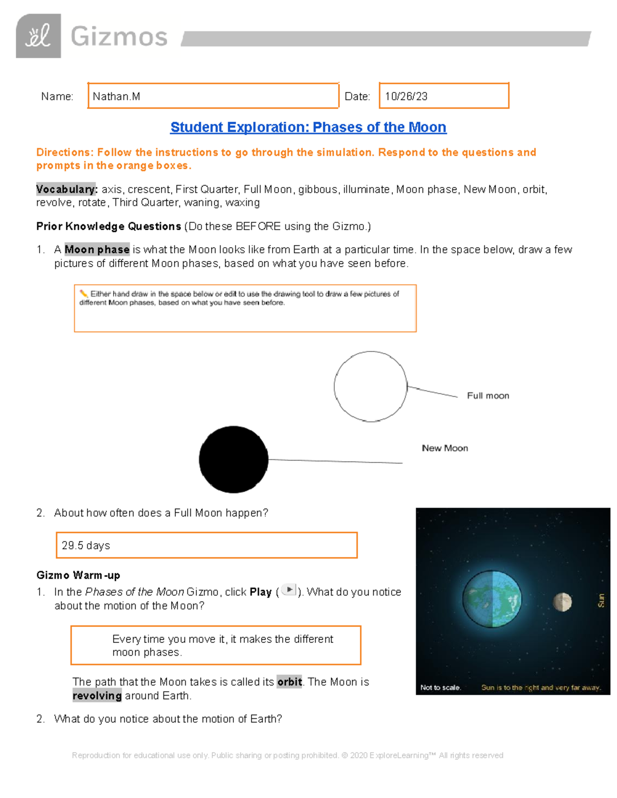 Copy of Phases Moon SE - Name: Nathan Date: 10/26/ Student Exploration ...