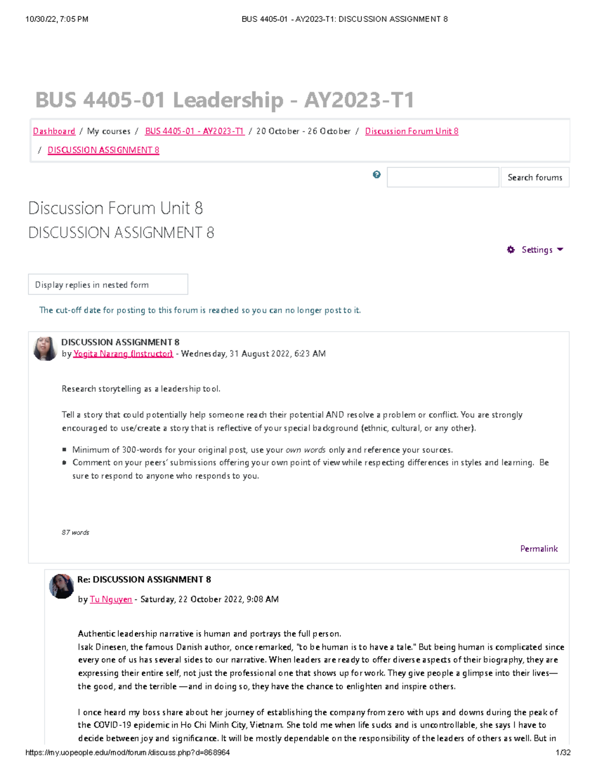BUS 4405-01 - AY2023-T1 Discussion Assignment 8 - BUS 4405-01 ...