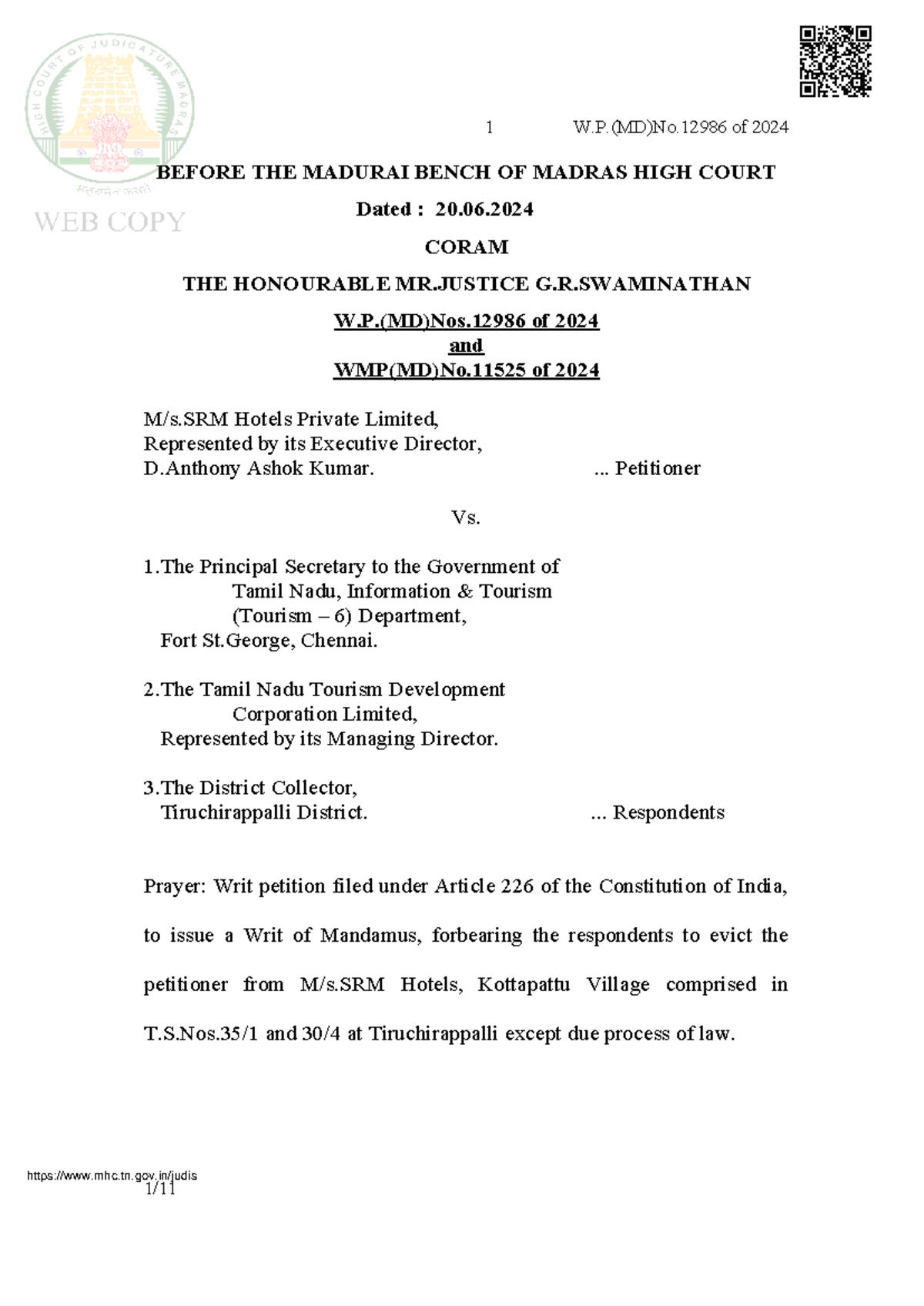 SRM Hotels Trichy Caselaw - BEFORE THE MADURAI BENCH OF MADRAS HIGH ...