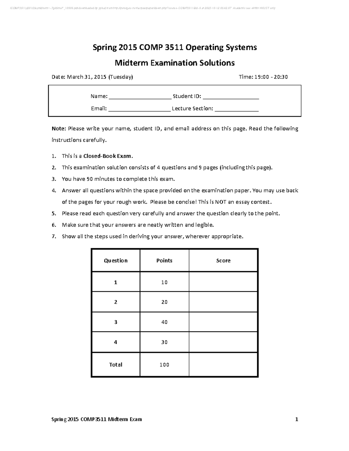 (COMP3511)[2015 ](s)midterm =7gk5mel^ 10906 - Spring 2015 COMP 3511 Operating Systems Midterm ...