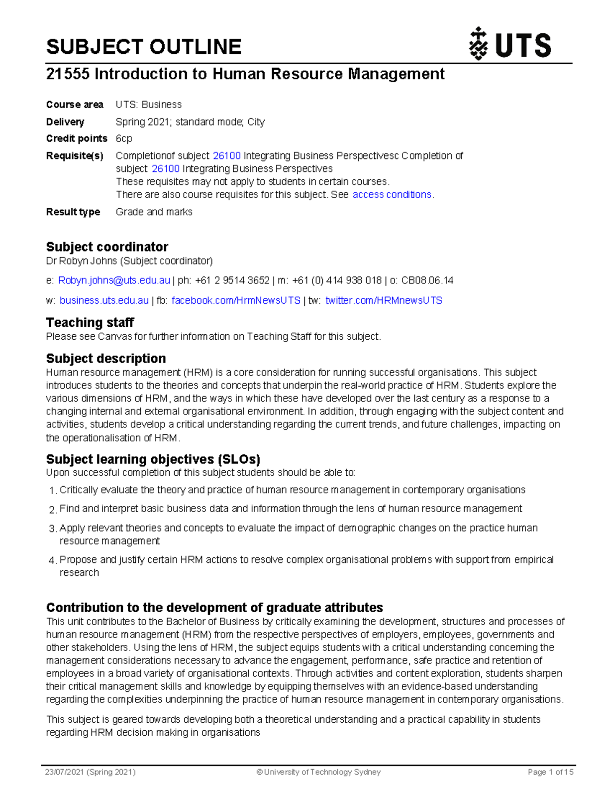 HRM subject outline - SUBJECT OUTLINE 21555 Introduction to Human ...