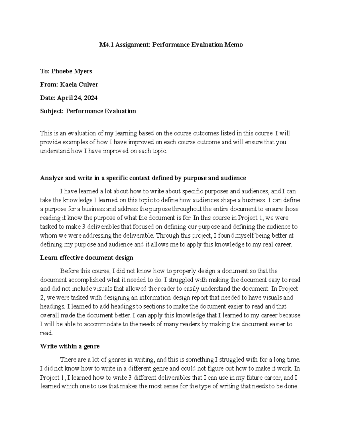 M4.1 Performance Memo - M4 Assignment: Performance Evaluation Memo To ...