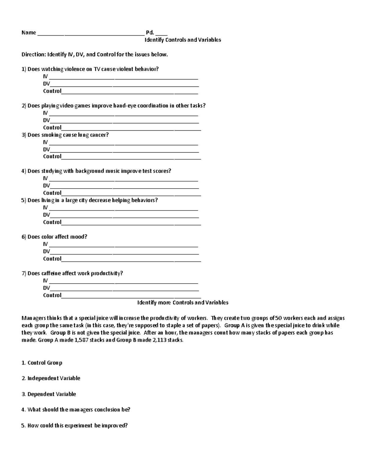 Identify IV DV Controls - Name ____________________________________ Pd ...