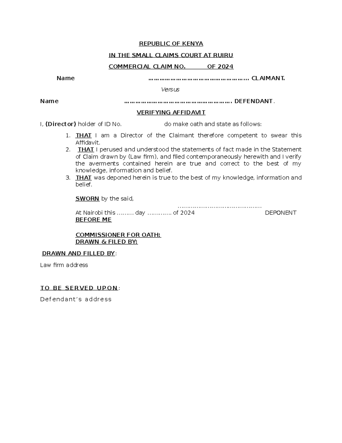 Veryfying affidavit draft - REPUBLIC OF KENYA IN THE SMALL CLAIMS COURT ...