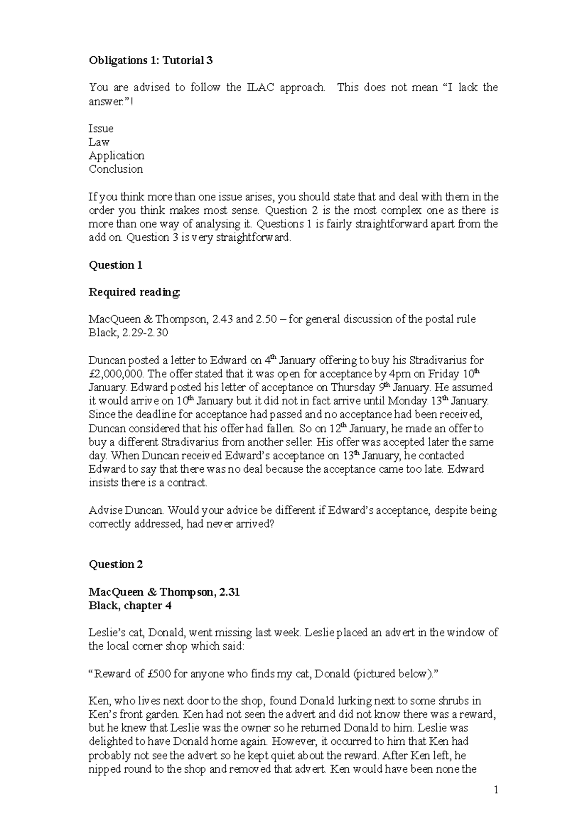 Tutorial 3 Questions - Obligations 1: Tutorial 3 You are advised to ...