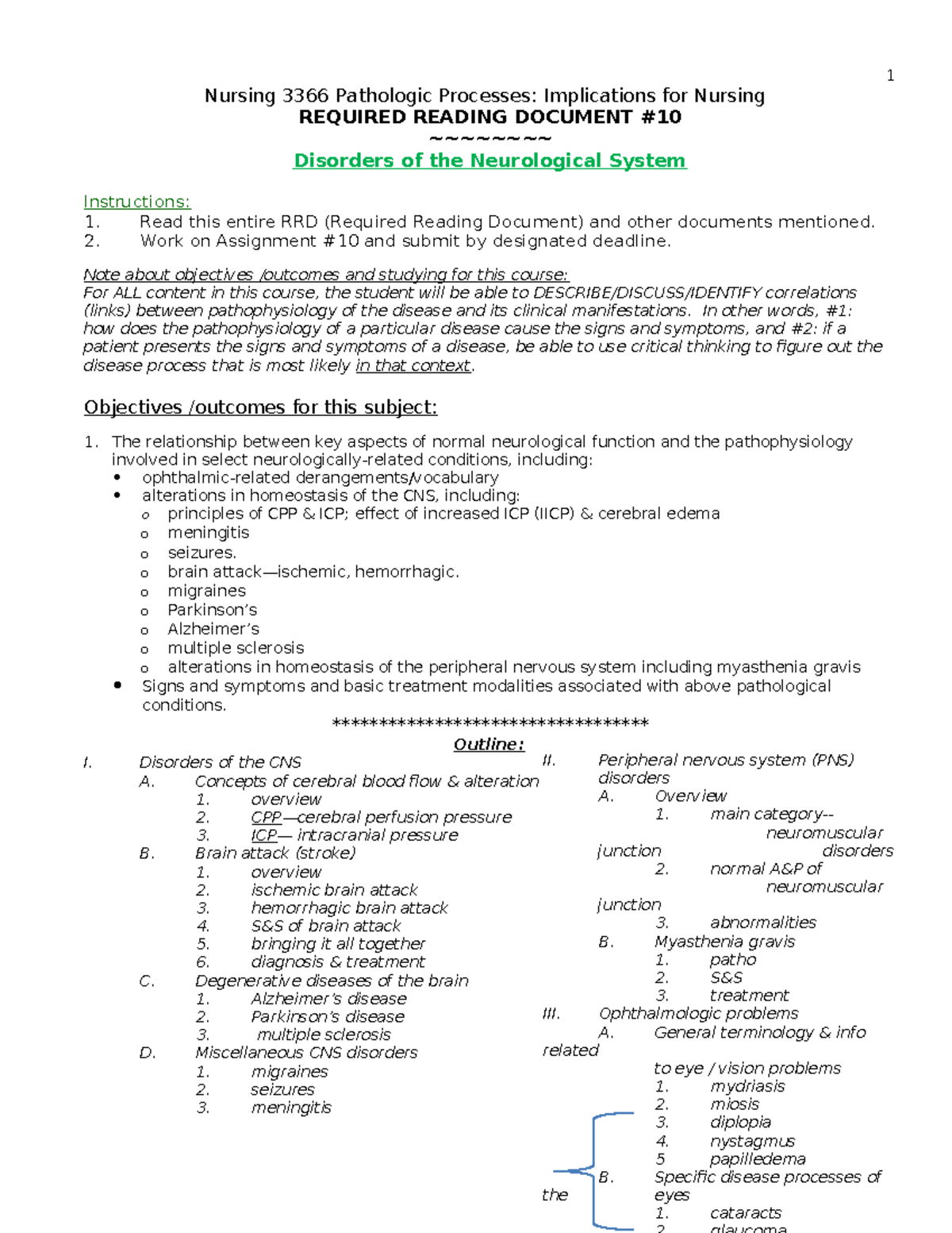 RRD #10 Neurological Disorders - Nursing 3366 Pathologic Processes ...