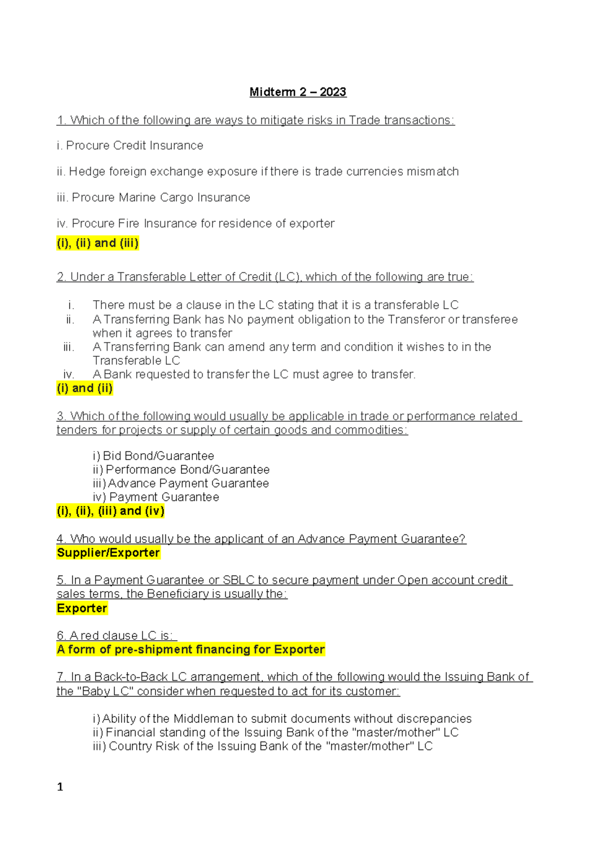 Midterm 2 - 2023 - Trade Finance old assignments - Midterm 2 – 2023 Which of the following are ...