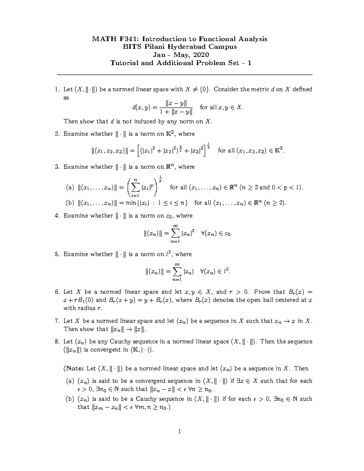 Tut 1 - Tut 1 - MATH F341: Introduction to Functional Analysis BITS ...