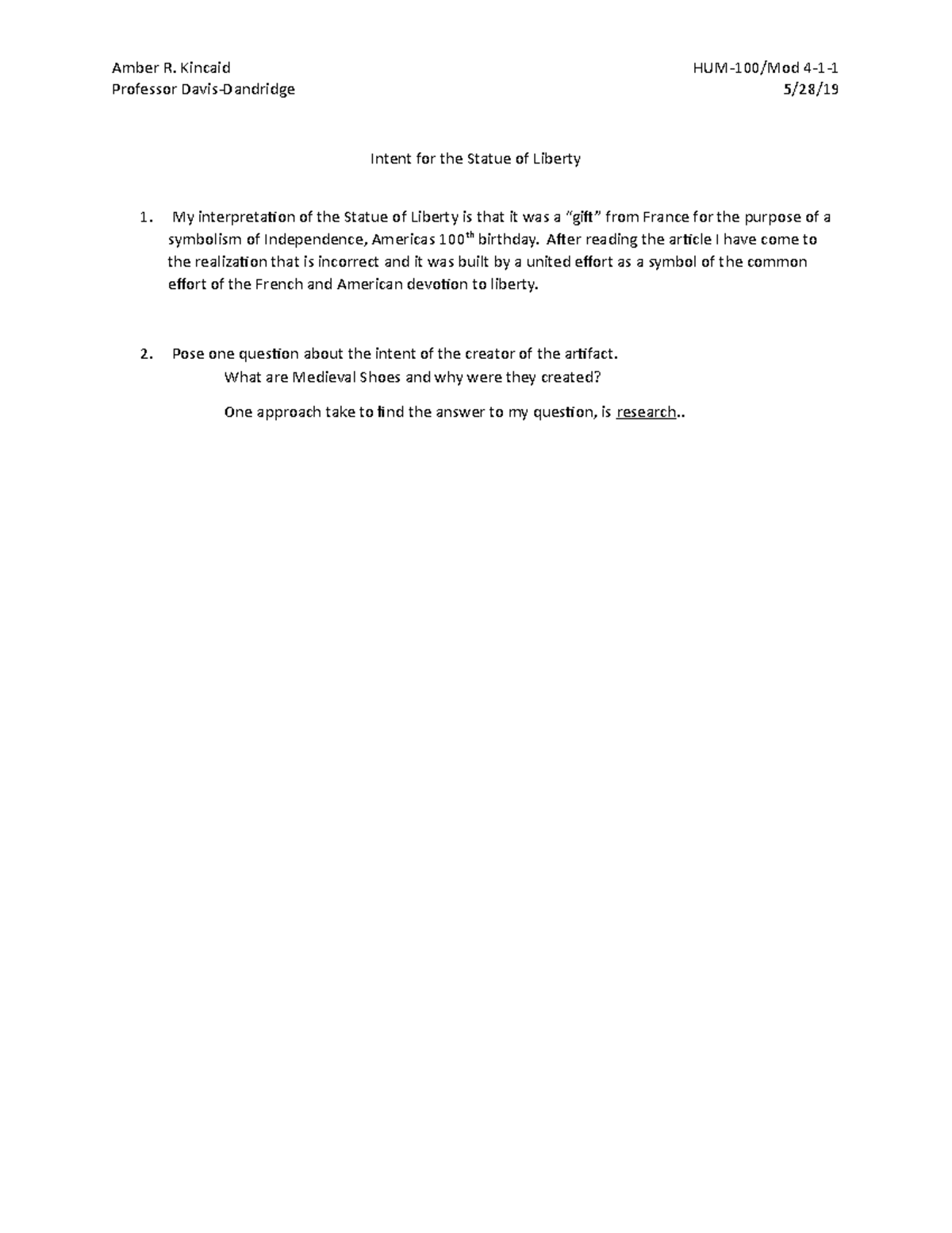 HUM-100-Mod 4-1-1 - Hum worksheet - Amber R. Kincaid HUM-100/Mod 4-1 ...