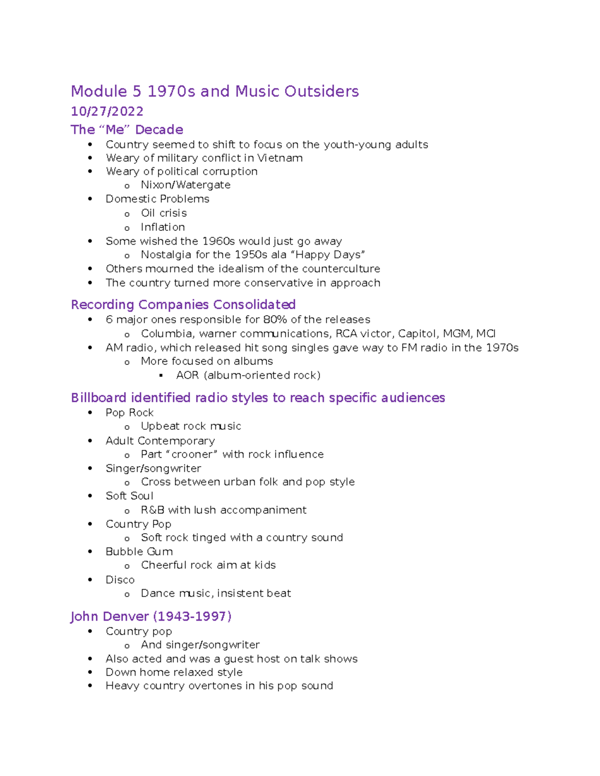 Module 5 Notes - Module 5 1970s and Music Outsiders 10/27/ The “Me ...