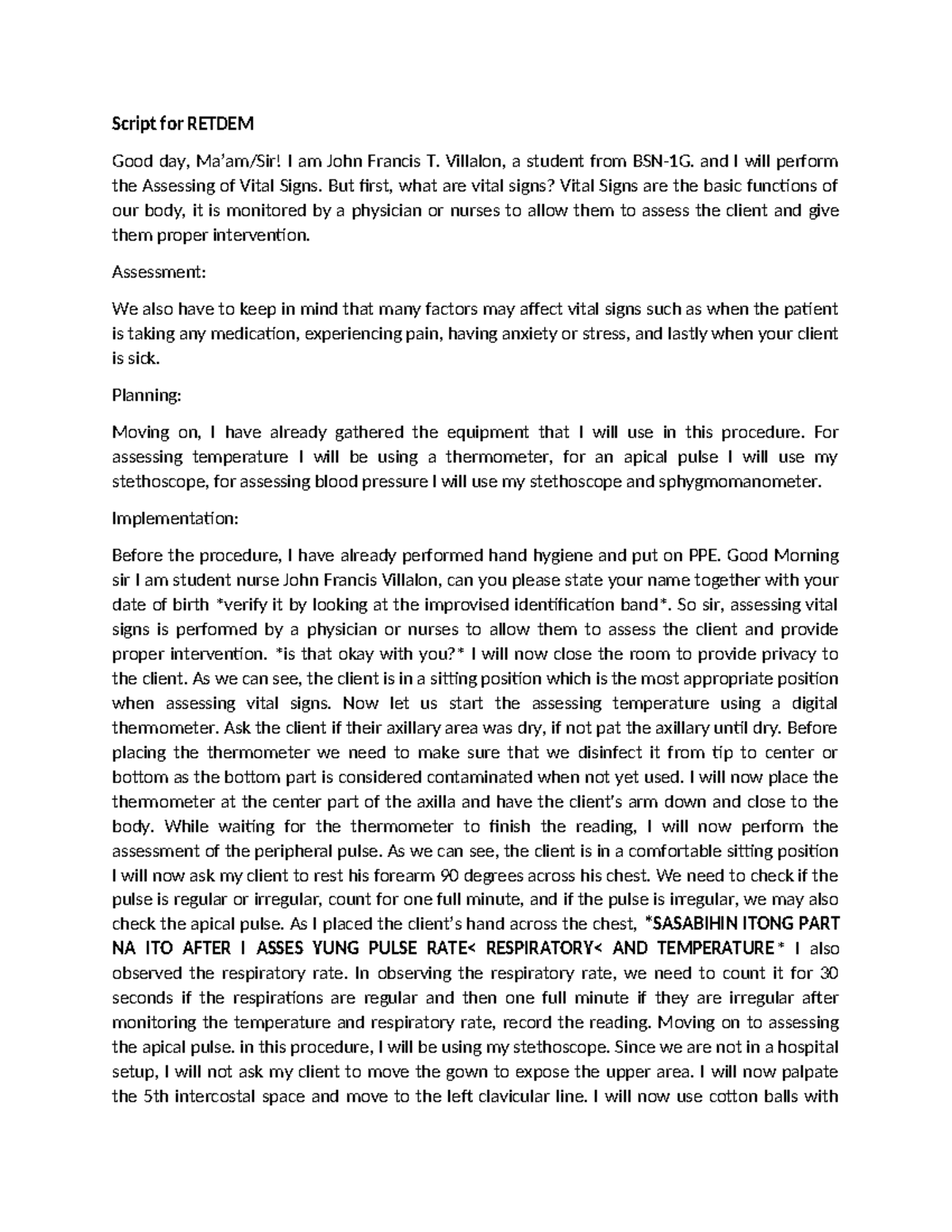 Return Demonstration Script for Vital Signs (for guide ony) - Script ...