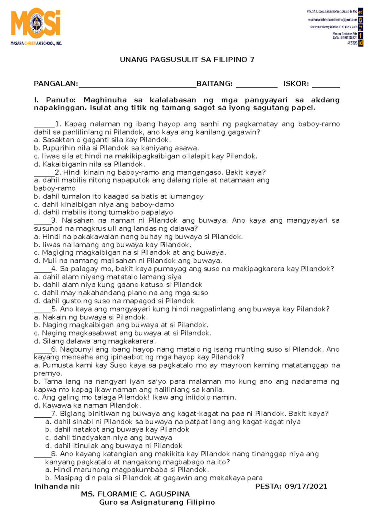 Exam for Q1 - UNANG PAGSUSULIT SA FILIPINO 7 PANGALAN ...