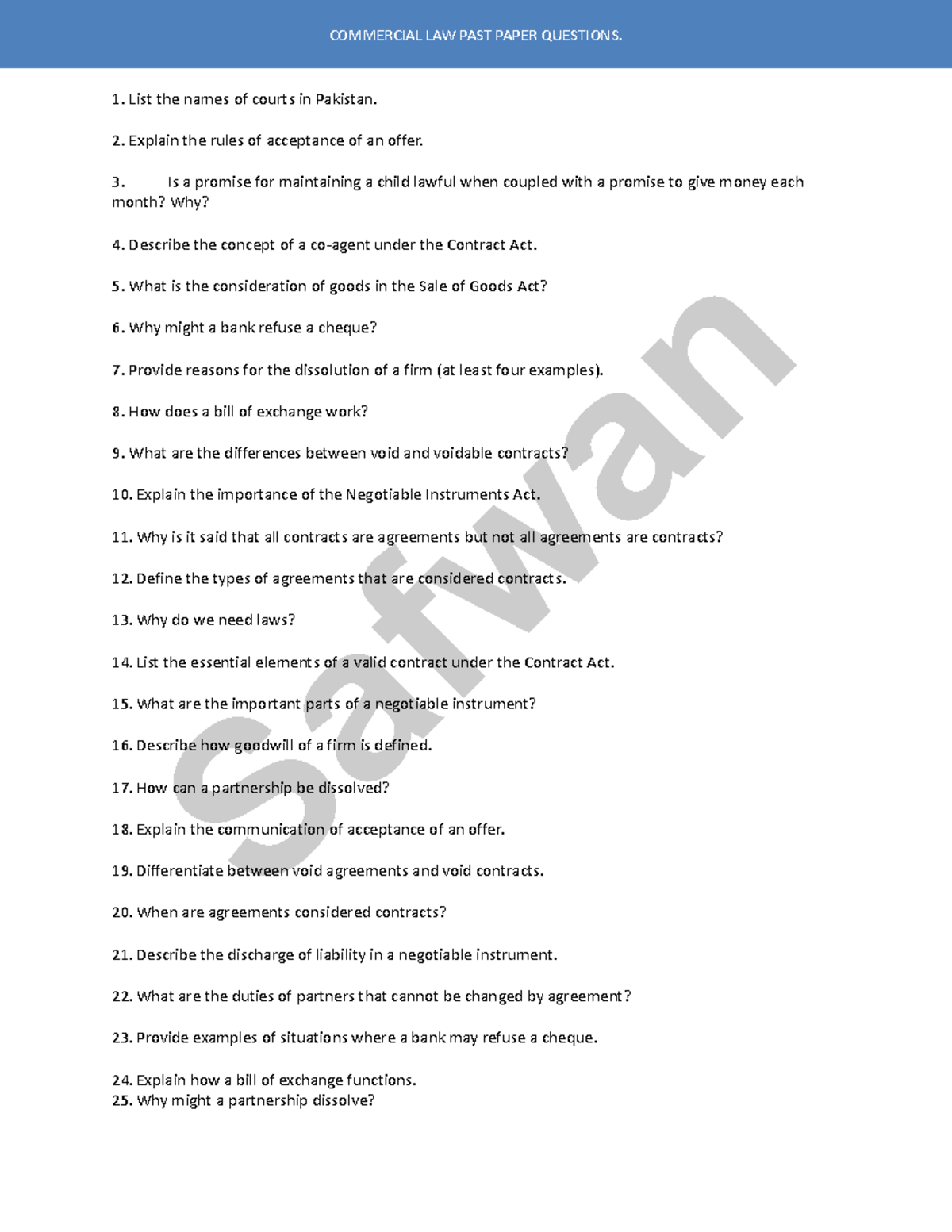 Commercial Law Concised Questions - Safwan COMMERCIAL LAW PAST PAPER ...