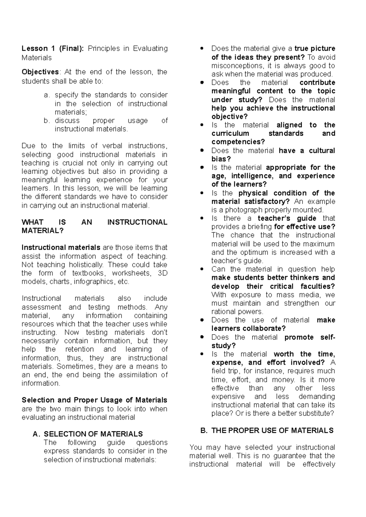 Lesson-1- Final - Lesson 1 (Final): Principles in Evaluating Materials ...