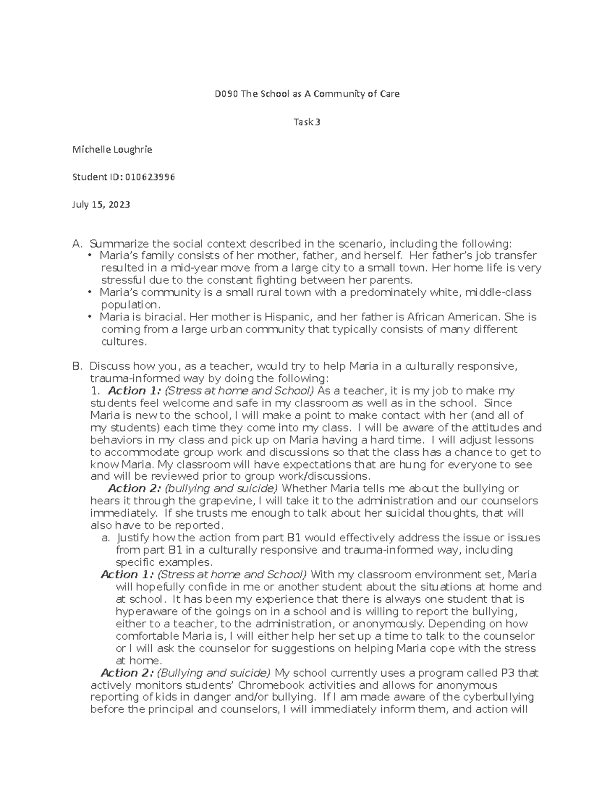 090- Task 2 - Task eval - D090 The School as A Community of Care Task 3 ...