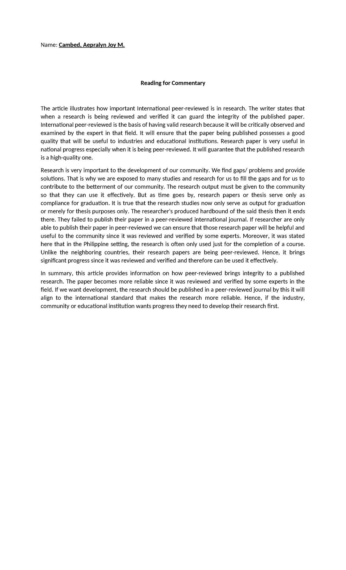 Commentary 1 NOTES - Name: Cambed, Aepralyn Joy M. Reading for ...