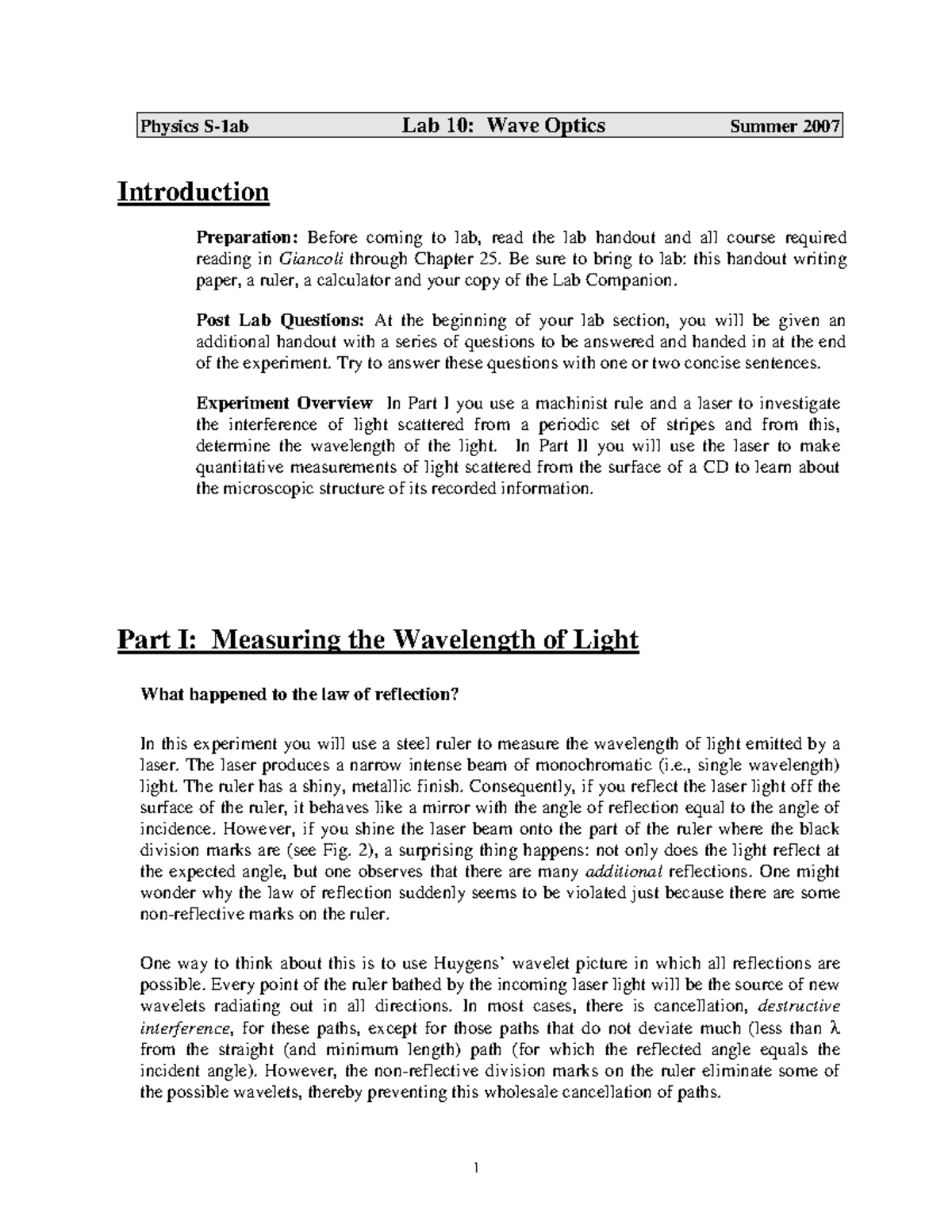 Part I Measuring the Wavelength of Light 1 - Physics S-1ab Lab 10: Wave ...