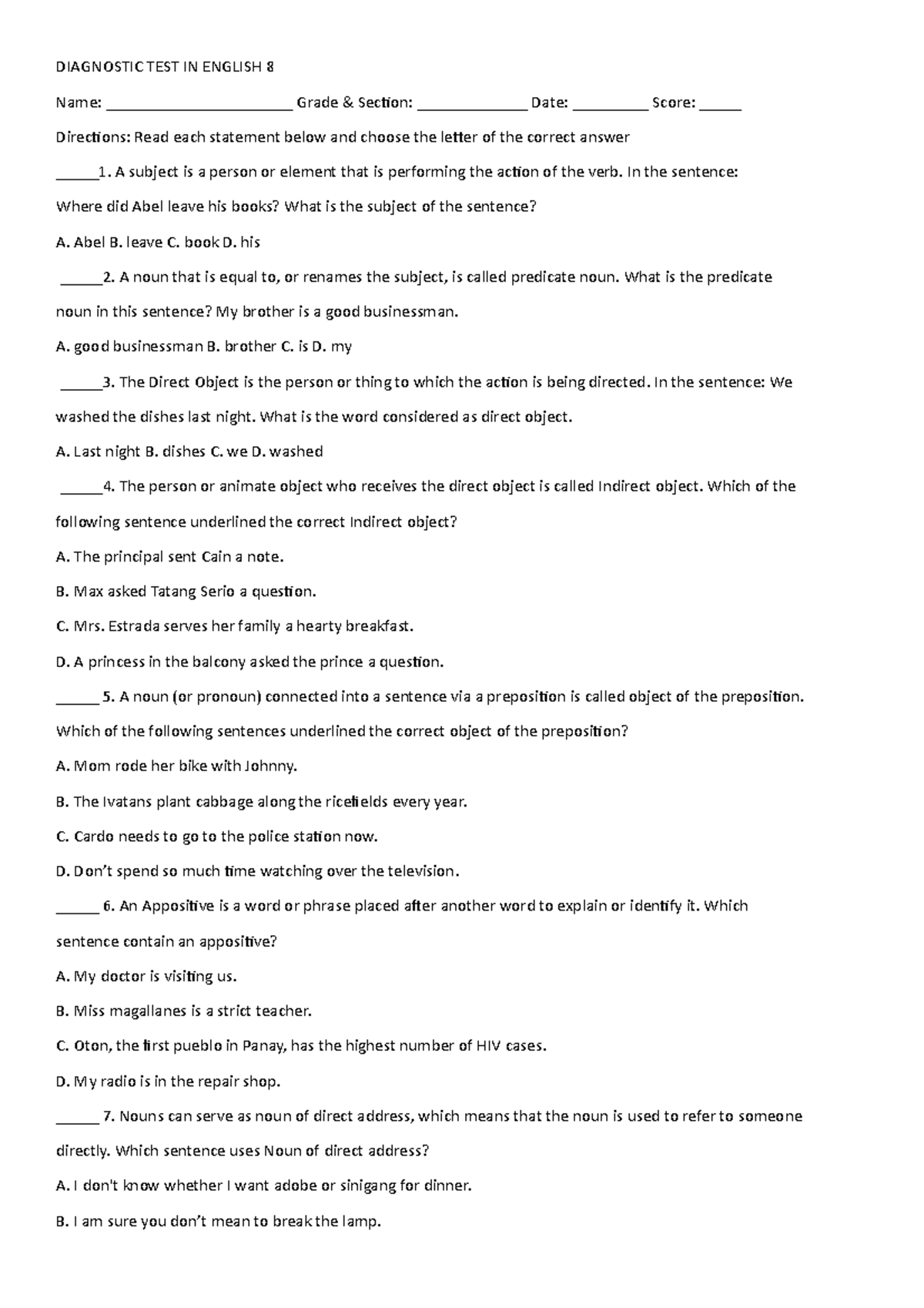 Diagnostic TESTs - none - DIAGNOSTIC TEST IN ENGLISH 8 Name ...