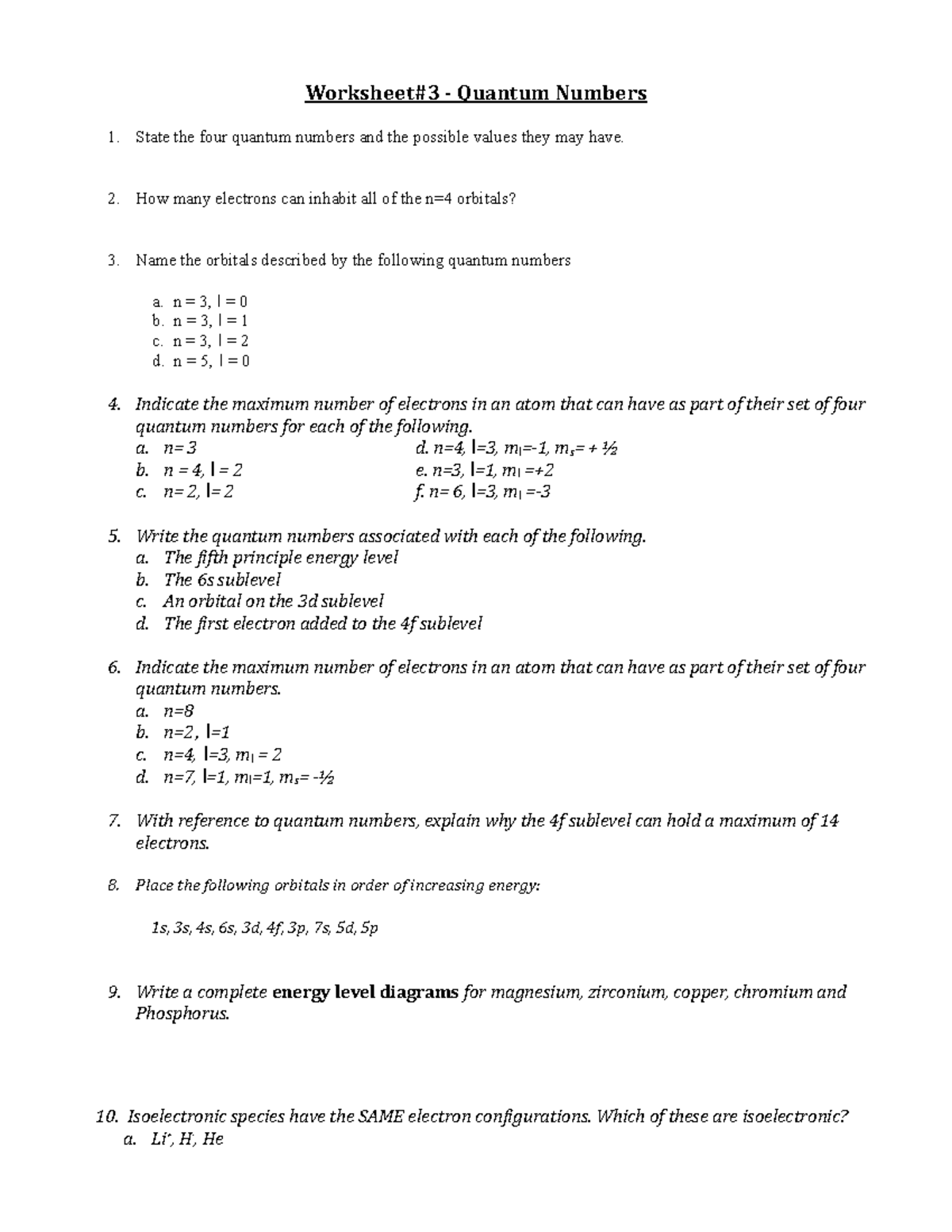 Worksheet #03 - Quantum numbers ccccc - Worksheet#3 - Quantum Numbers ...