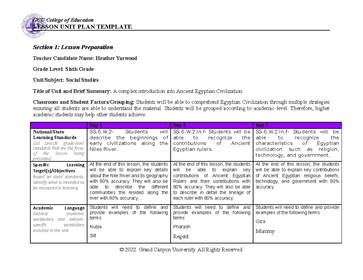 Benchmark - GCU College of Education LESSON UNIT PLAN TEMPLATE Section ...