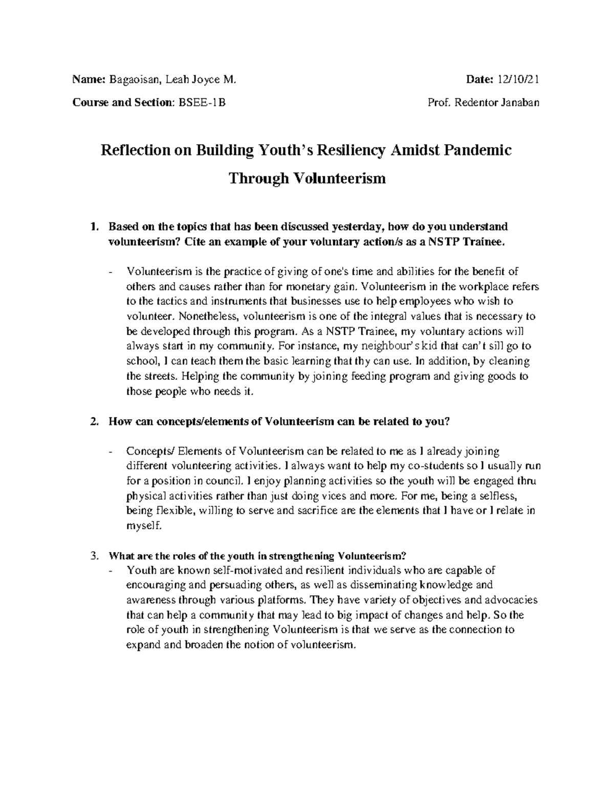 Volunteerism-Reflection - Name: Bagaoisan, Leah Joyce M. Date: 12/10 ...