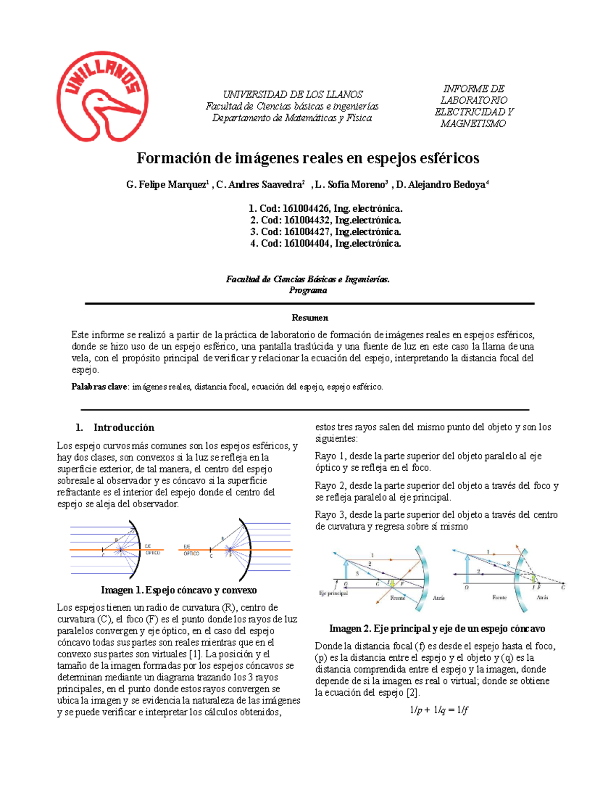 Formación de imágenes reales en espejos esféricos - UNIVERSIDAD DE LOS ...