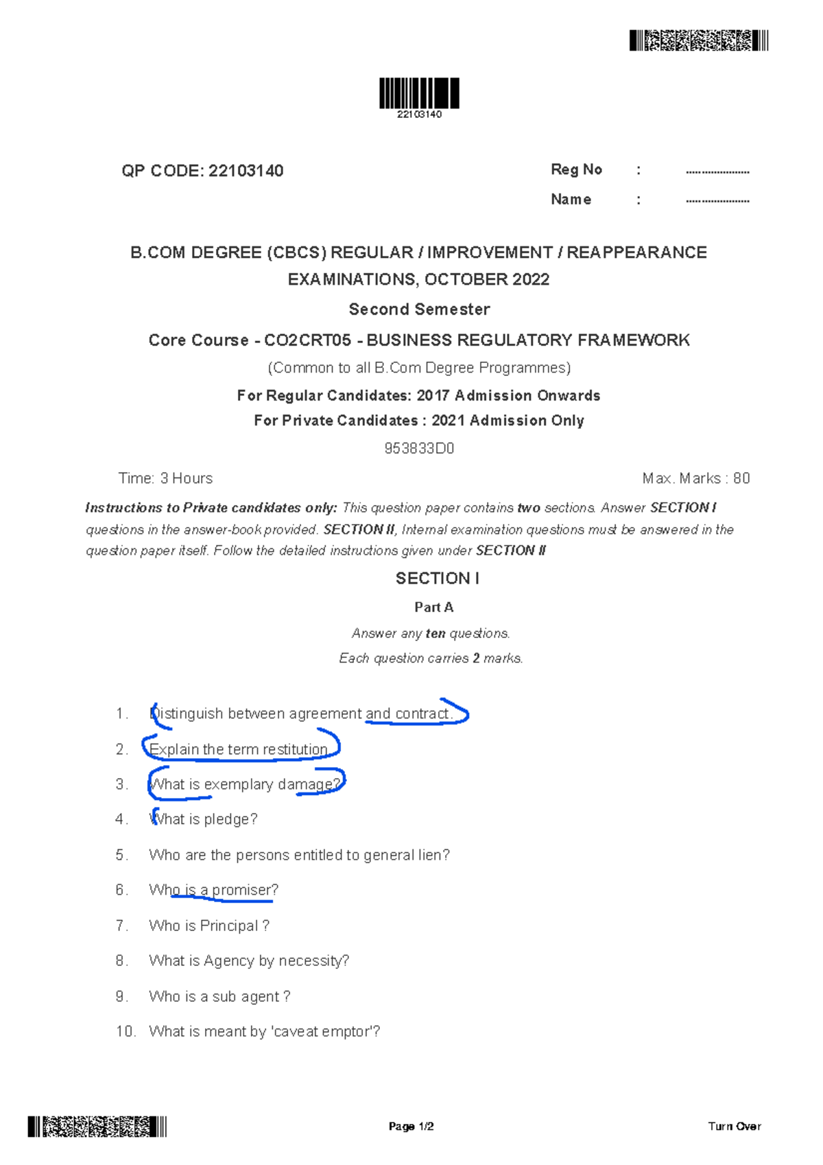 Business Regulatory Framework - BCOM - II SEM - QP CODE: 22103140 Reg ...