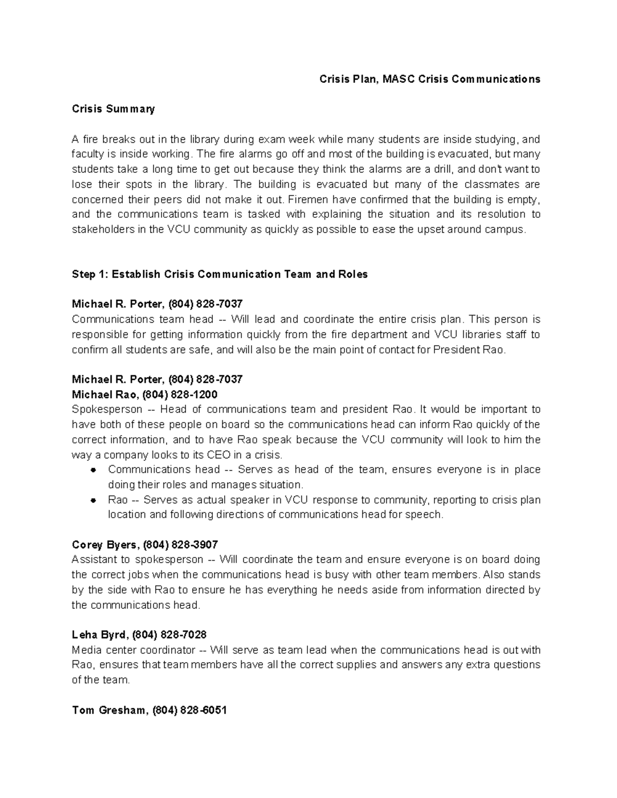 Crisis Plan - Lecture notes 6 - Crisis Plan, MASC Crisis Communications ...