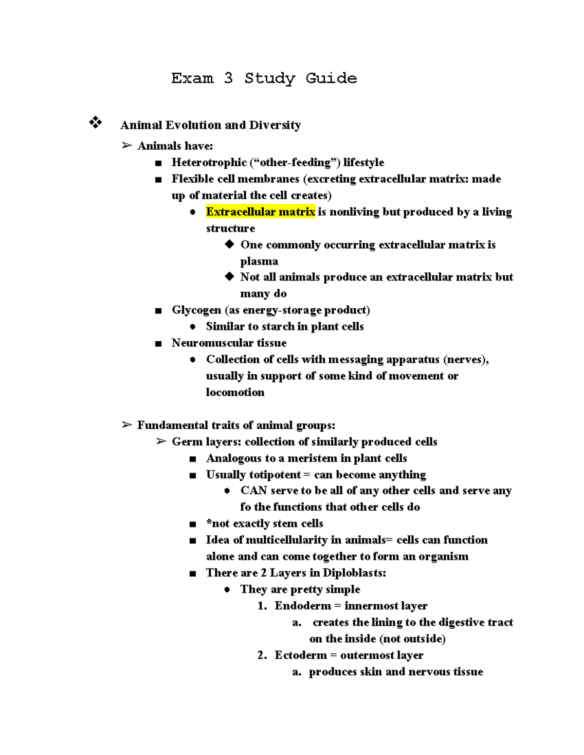 Exam 3 - Exam 3 study guide - Exam 3 Study Guide Animal Evolution and ...