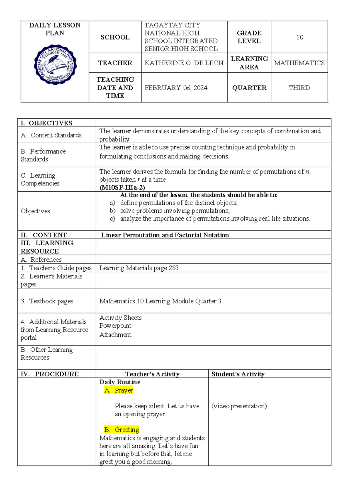 February 06, 2024 - LESSON PLAN - DAILY LESSON PLAN SCHOOL TAGAYTAY ...
