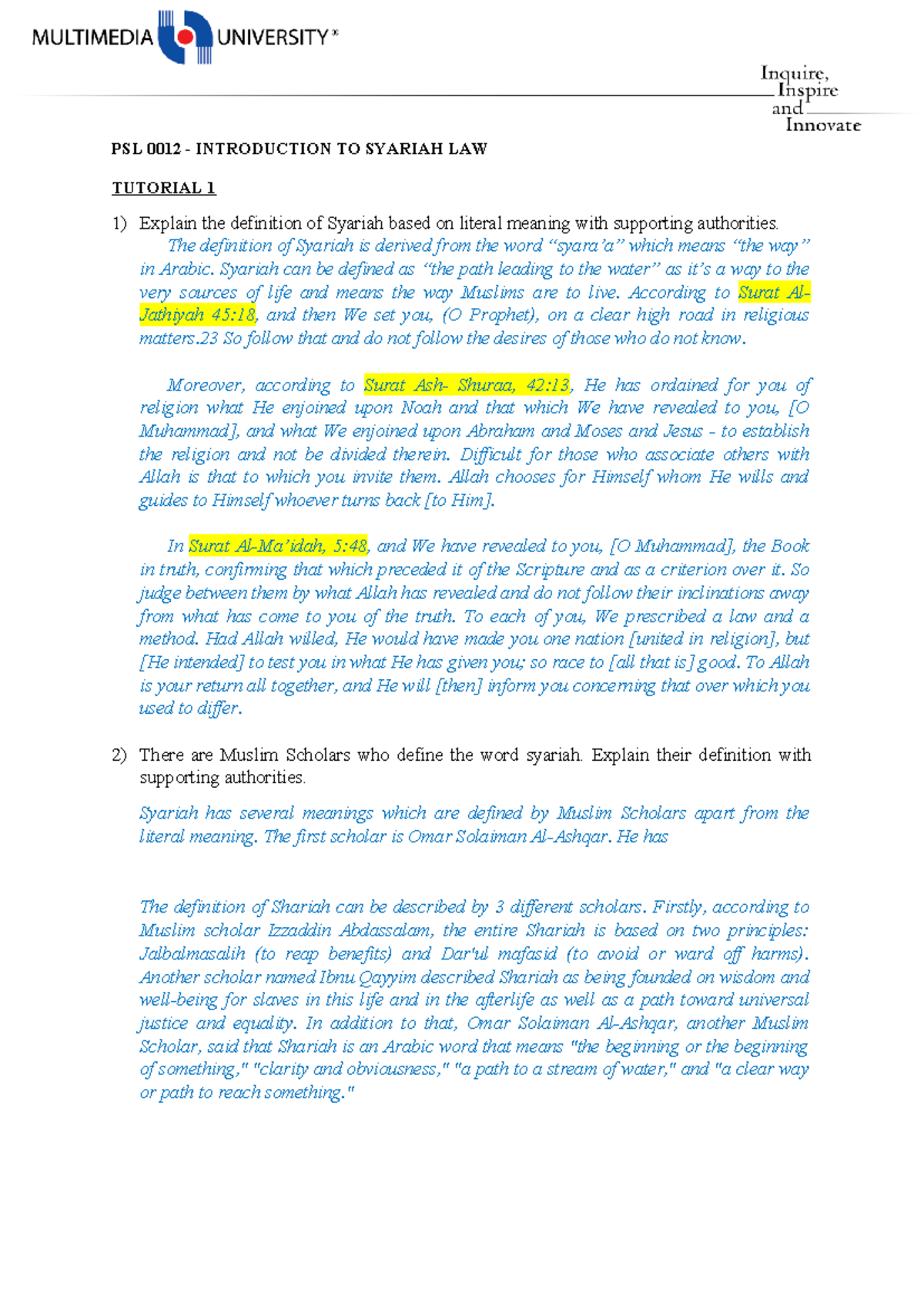 PSL0012 Tutorial 1 - PSL 0012 - INTRODUCTION TO SYARIAH LAW TUTORIAL 1 Explain the definition of ...