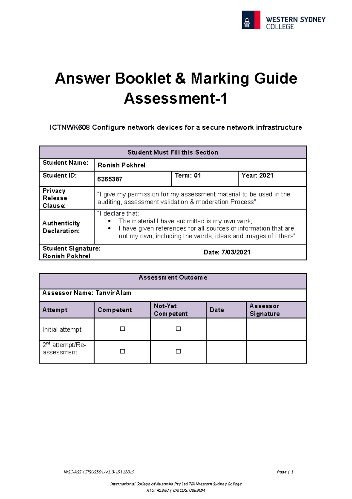 Ictnwk 608 TASK 1 Answer Booklet and Marking Guide - Answer Booklet ...