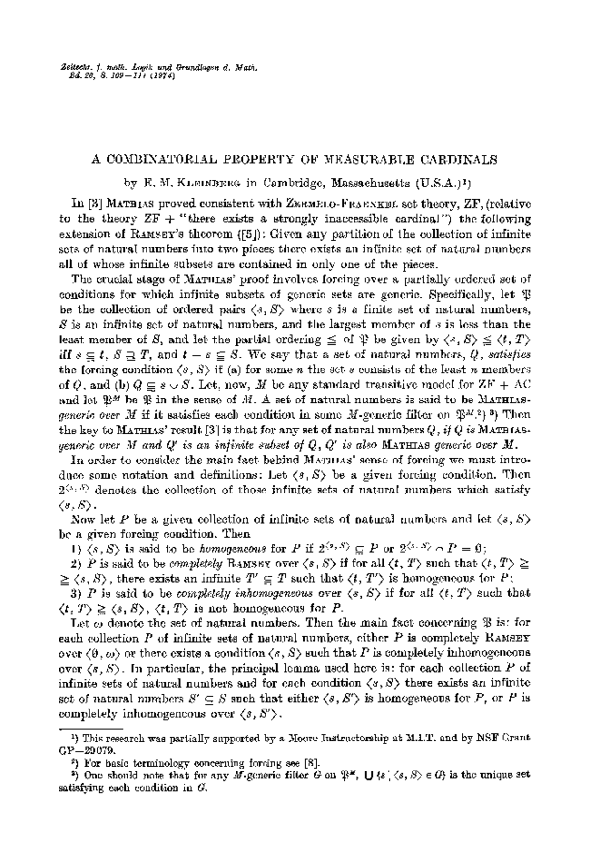 A Combinatorial Property of Measurable Cardinals - Kleinberg - Zeitsehr ...