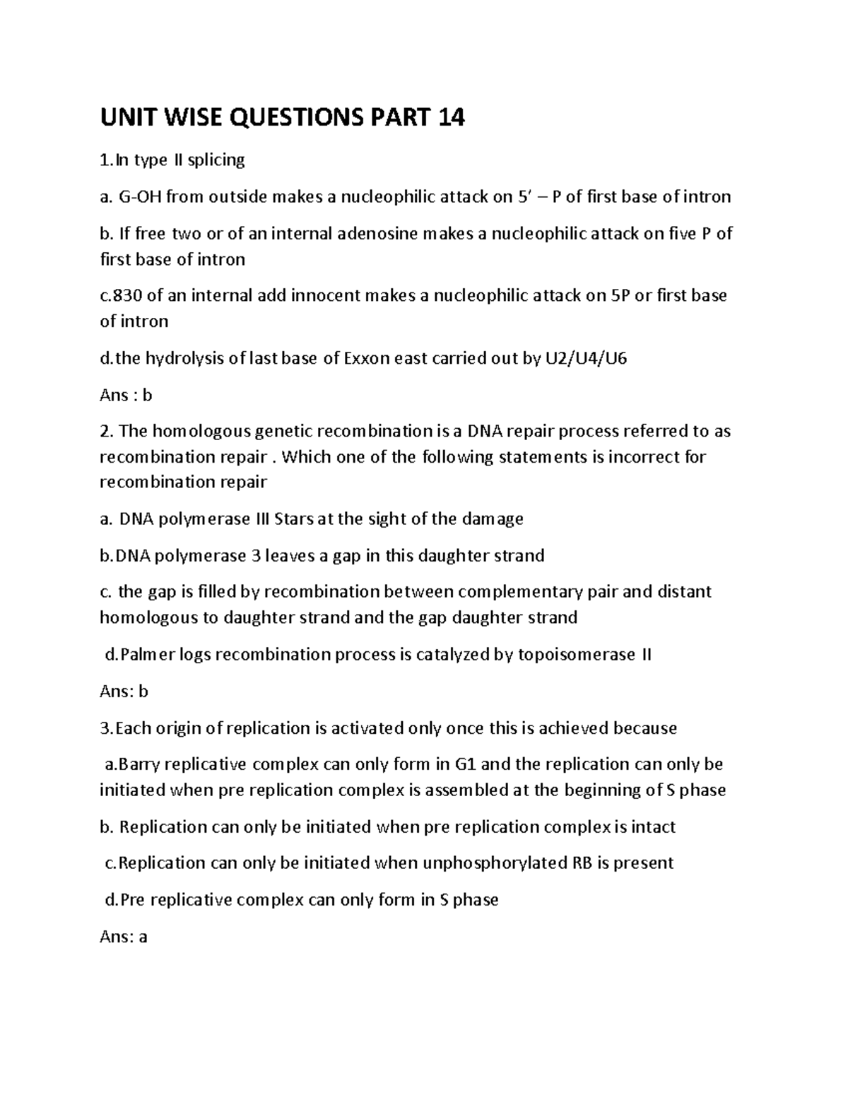 CELL BIOLOGY MCQ QUESTIONS - UNIT WISE QUESTIONS PART 14 1 type II ...