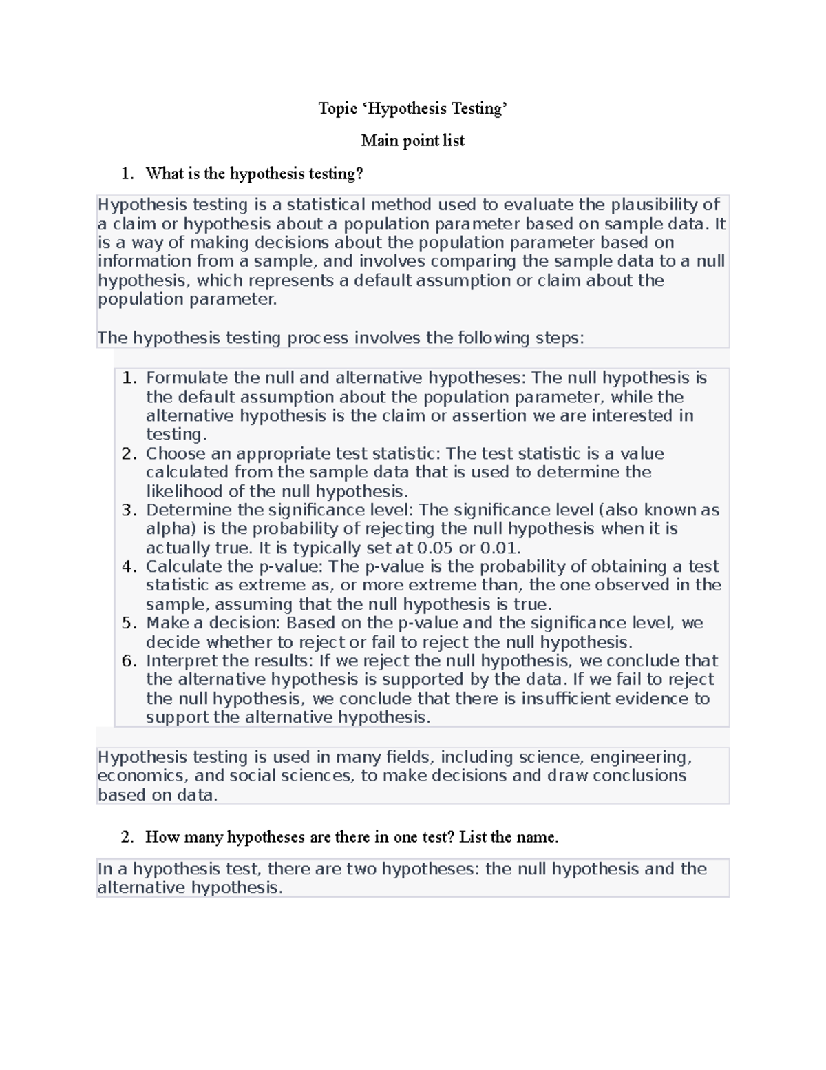 Main point list lec7 - Topic ‘Hypothesis Testing’ Main point list 1 ...