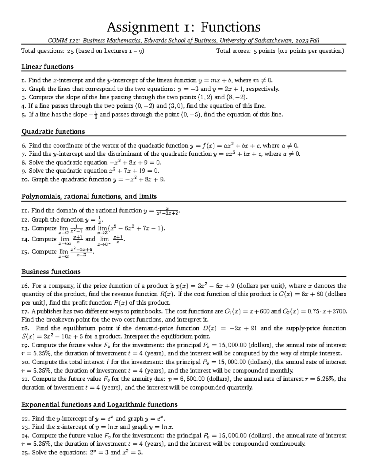 Comm 121 Assignment 1 - Assignment : Functions COMM : Business ...