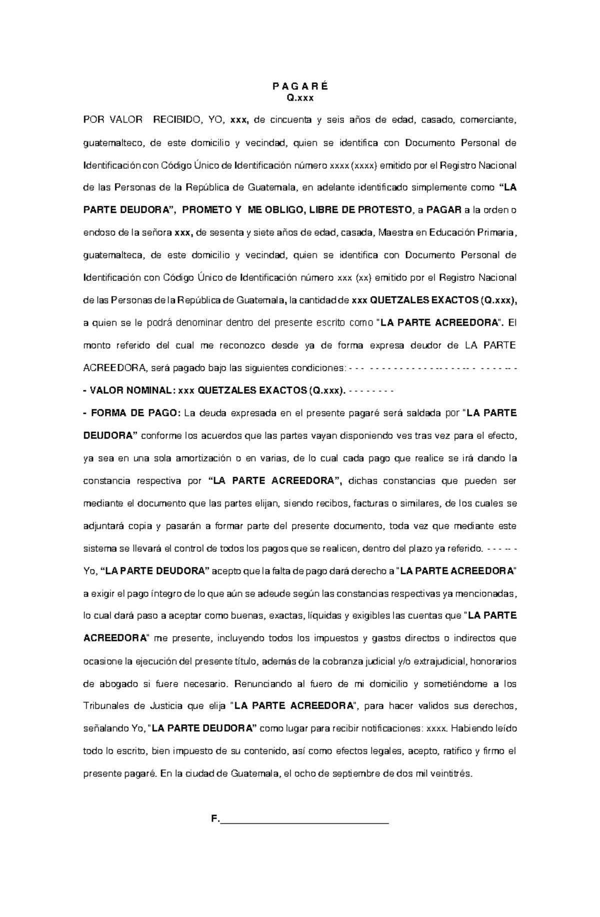 Pagara para persona individual - P A G A R É Q POR VALOR RECIBIDO, YO ...