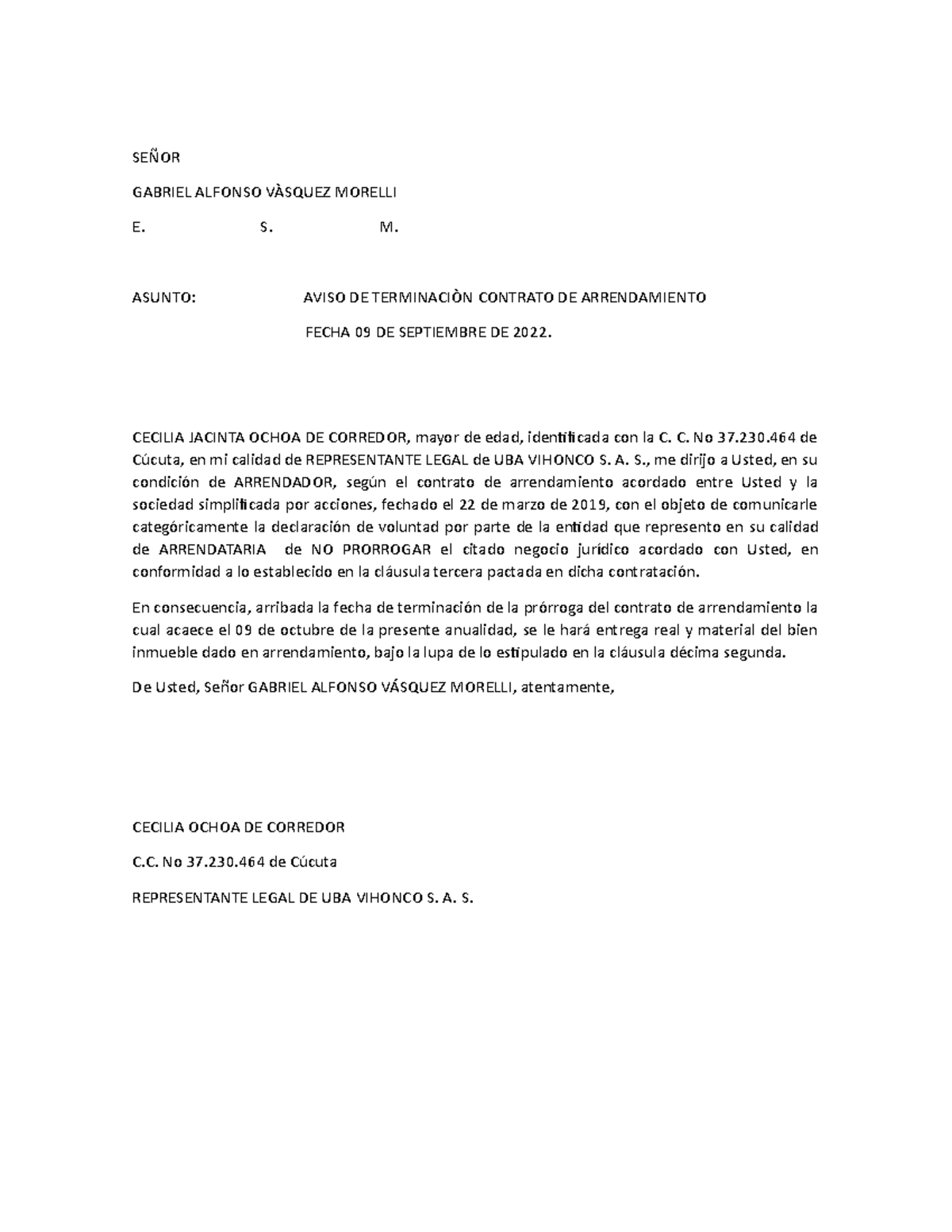 Aviso de cesaciòn de contrato de arrendamiento Señor Gabriel Alfonso ...