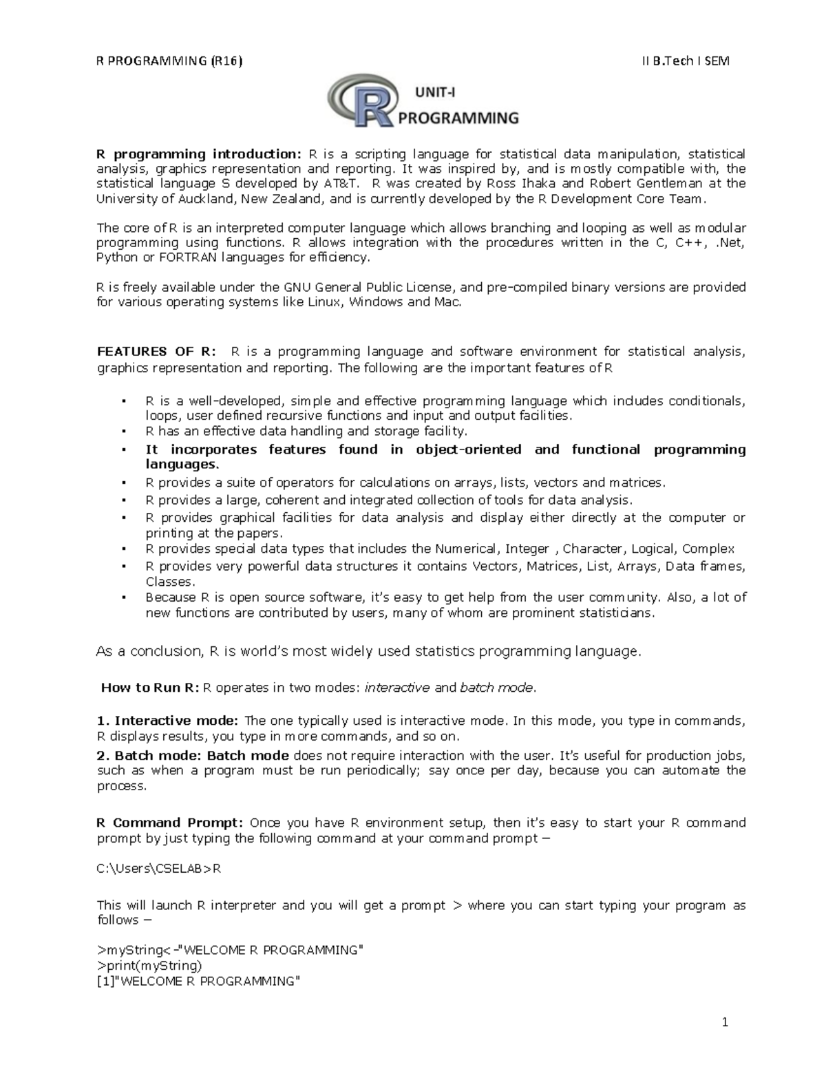 FULL R Programming Meterial 2 - R programming introduction: R is a scripting language for - Studocu