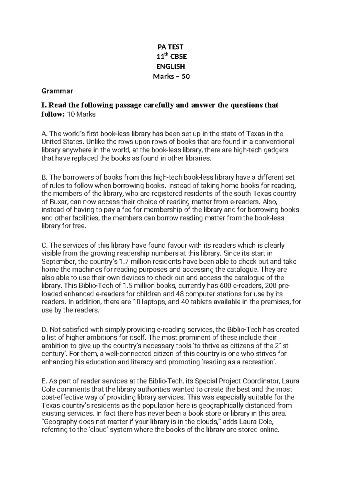 English Test PA - Questions - PA TEST 11 th CBSE ENGLISH Marks – 50 ...