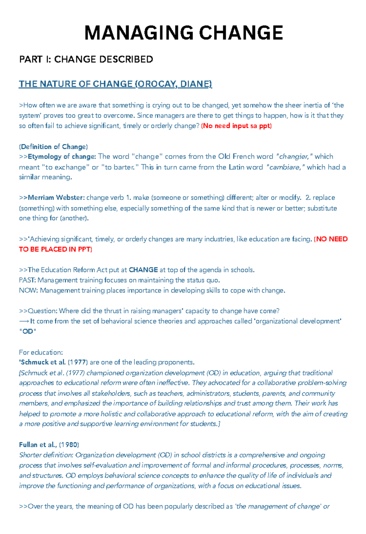 Managing Change Group 4 - MANAGING CHANGE PART I: CHANGE DESCRIBED THE ...