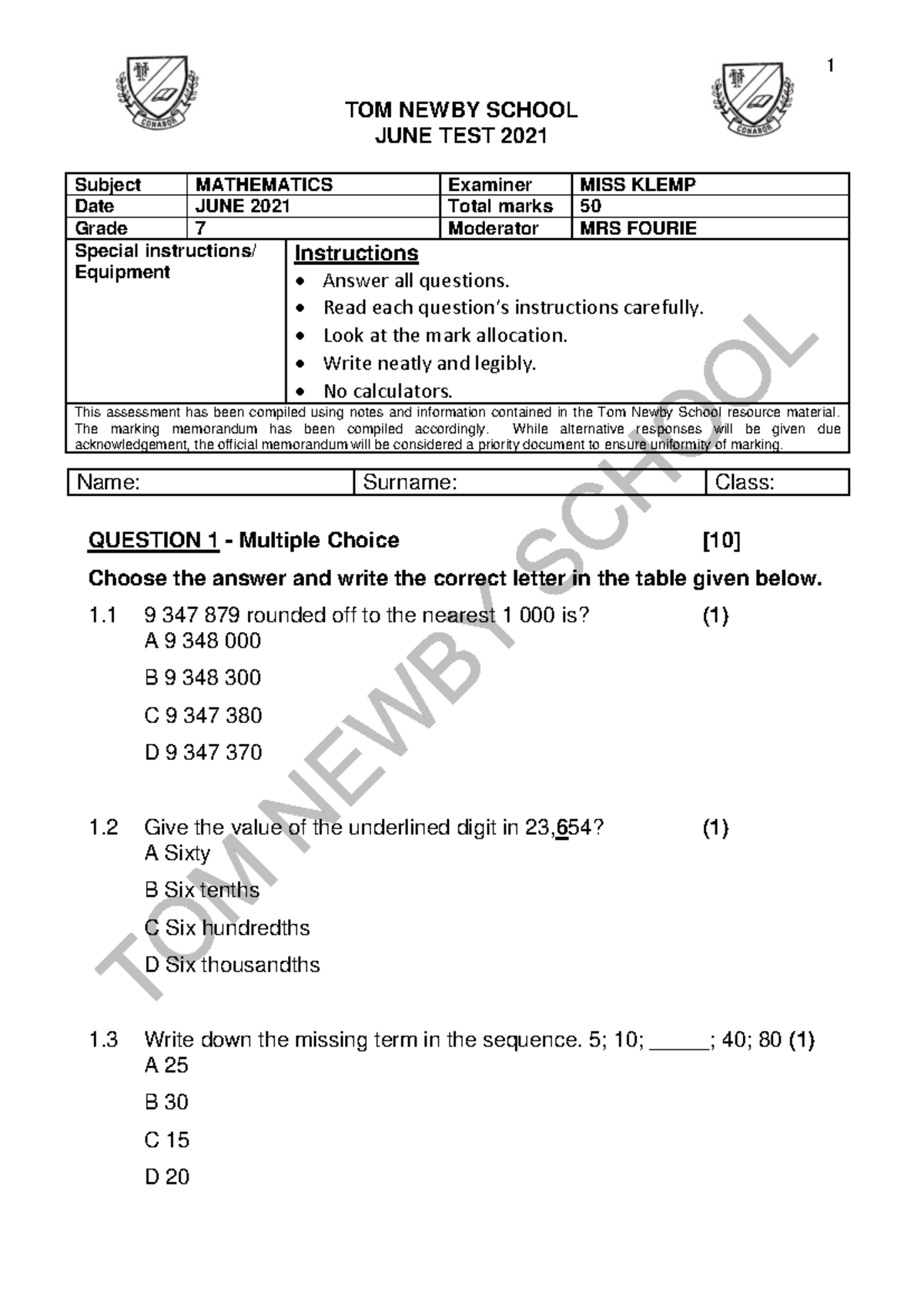 Grade-7-Maths-Exam-June-2021 - TOM NEWBY SCHOOL JUNE TEST 2021 Subject ...