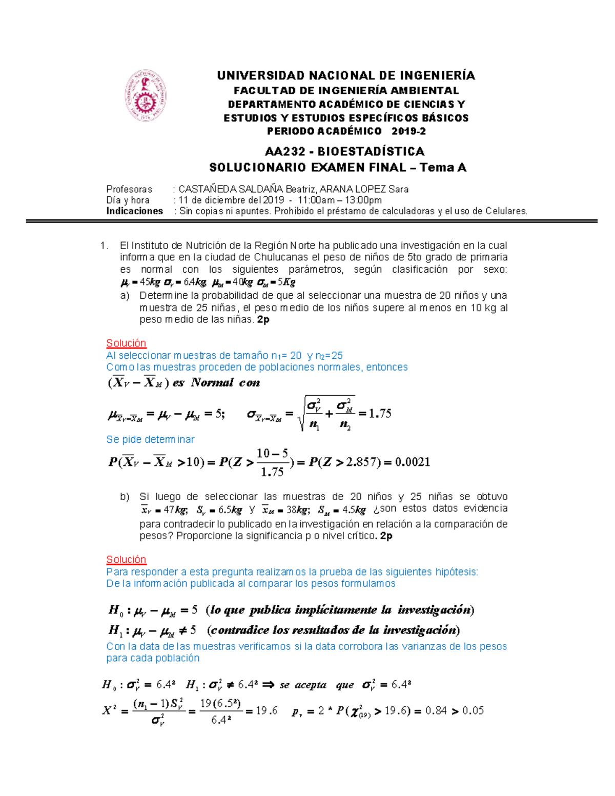 Solucionario final 19.2 - UNIVERSIDAD NACIONAL DE INGENIERÍA ####### FACULTAD DE INGENIERÍA ...